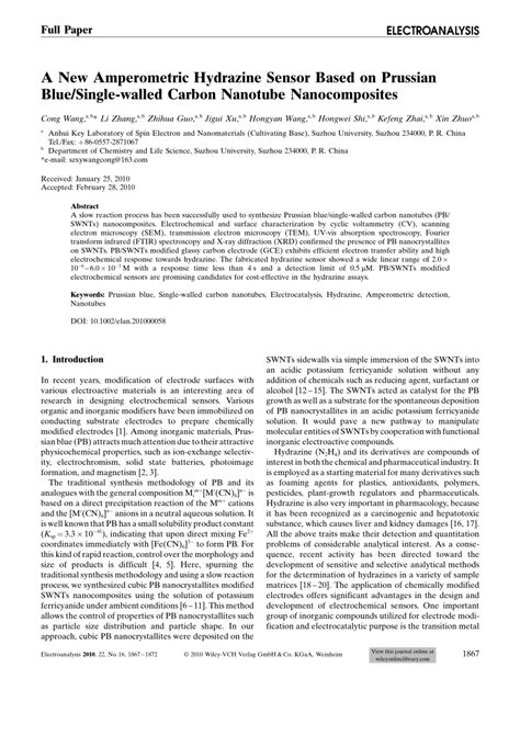 Pdf A New Amperometric Hydrazine Sensor Based On Prussian Blue Single‐walled Carbon Nanotube