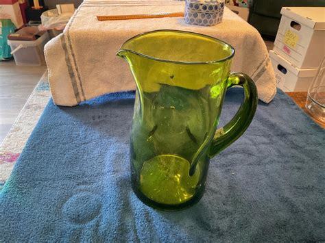 Blenko Blown Art Glass Green Dimpled And Indented Unique Pitcher