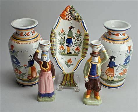 Lot Five Pieces Of Quimper Pottery A Pair Of Vases Height 8½ A