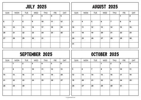 July To October 2025 Calendar Templates