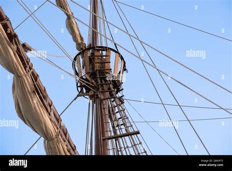 A Old Wooden Sailing Ship Mast And Sails Caravel Pirate Ship Stock