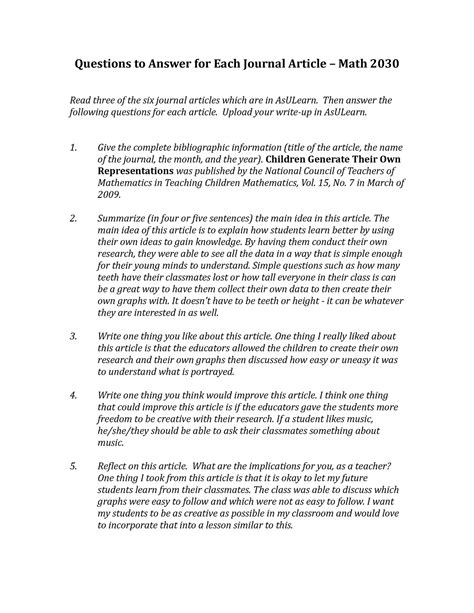 Article Questions Math 2030 Questions To Answer For Each Journal