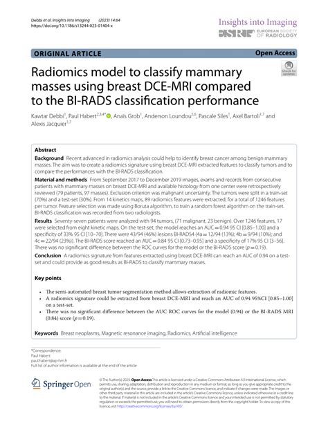 Pdf Radiomics Model To Classify Mammary Masses Using Breast Dce Mri Compared To The Bi Rads