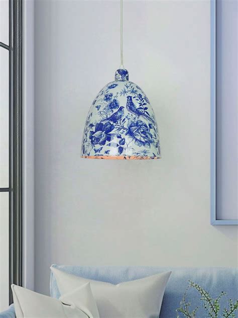 Chinoiserie Style Blue Pottery Bird Print Metal Pendant Light