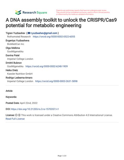 Pdf A Dna Assembly Toolkit To Unlock The Crisprcas9 Potential For Metabolic Engineering
