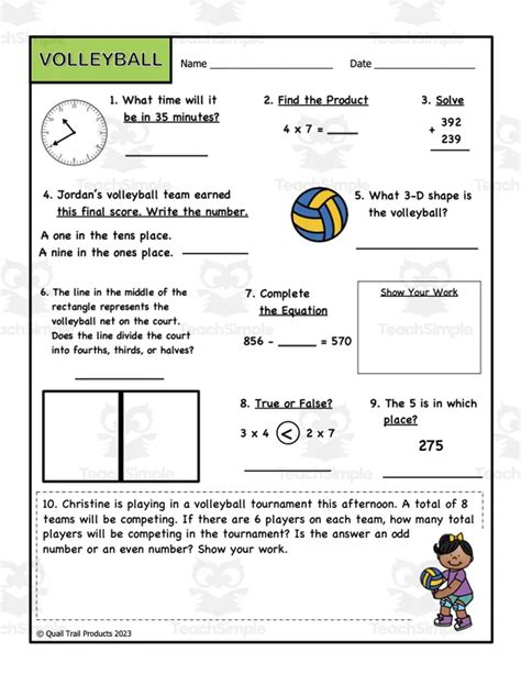 Grade 3 Math Worksheets Sports Theme By Teach Simple
