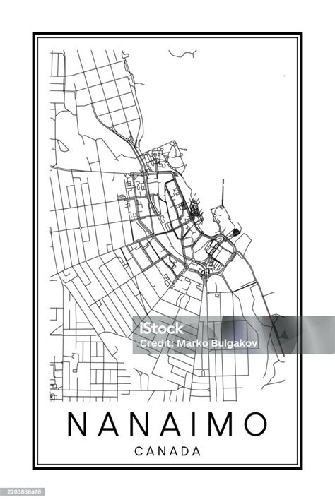 Hand Drawn Poster Print Road Map Of The Canadian City Of Nanaimo Stock