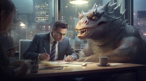 Premium Ai Image A Man Sits At A Desk With A Dragon Sitting At His Desk