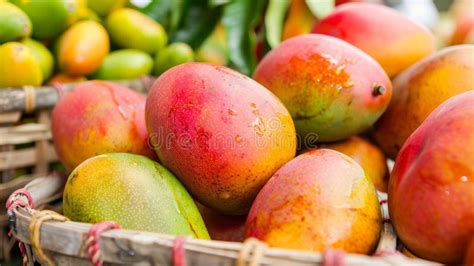 Colorful Mangoes In Woven Baskets Tropical Fruit Market Display Under