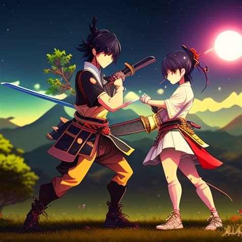 Bleak Deer0 Two Japanese Style Male Are Fighting With Samurai Swords In The Field At Night