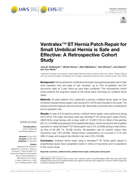 Pdf Ventralex™ St Hernia Patch Repair For Small Umbilical Hernia Is Safe And Effective A