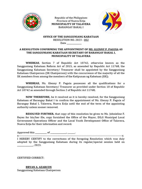 Sk Resolution No 002 Appointment Of Sk Sec Pdf Youth Organizations Government