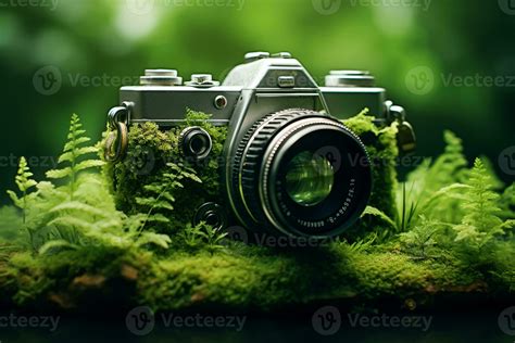 Green Camera On Grass With Nature Bokeh Background Nature Concept