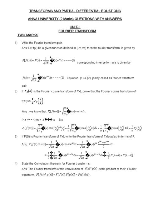 Fourier Transforms And Convolution Theorems Solutions To Problems On