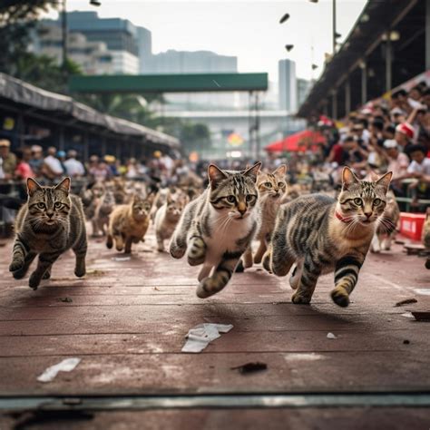 A Group Of Cats Are Running In A Race With A Red Sign In The Background