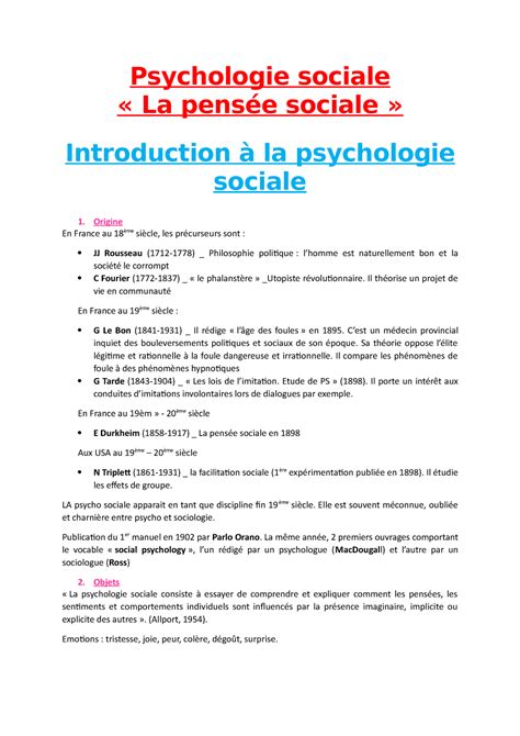 Psychologie Sociale Cours Complet Psychologie Sociale « La Pensée Sociale Introduction à