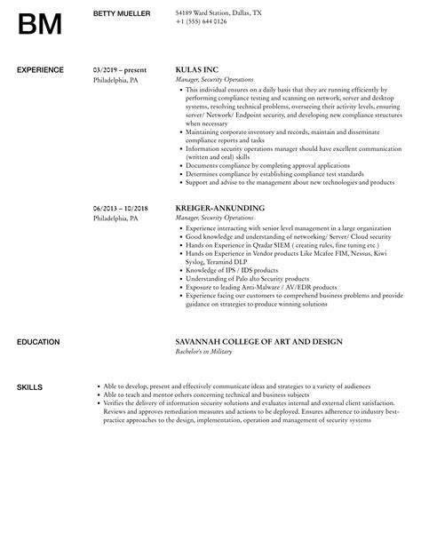 Manager Security Operations Resume Samples Velvet Jobs