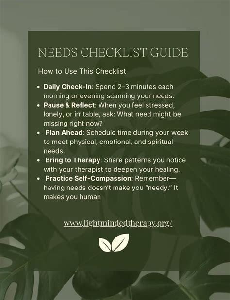 Needs Checklist Self Care Needs Listmental Health Printable