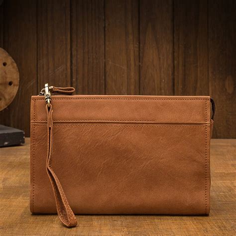 Leather Men Clutch Bag With Wrist Strapzipper Brown Clutch Etsy