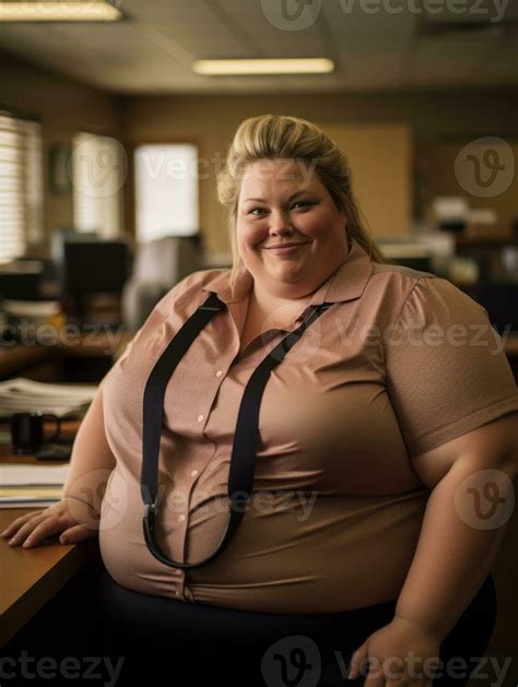 A Fat Woman Sitting At A Desk In An Office Generative Ai 32090336 Stock