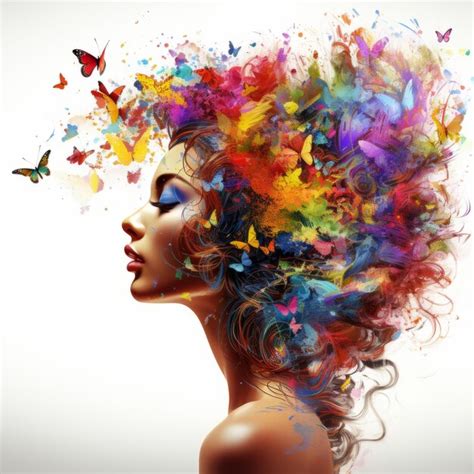 Premium Photo A Woman With Colorful Hair And Butterflies Flying Around Her Head