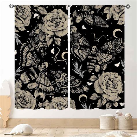 Goth Curtains For Bedroom Spooky Moody Dead Moth Black Floral Witchy