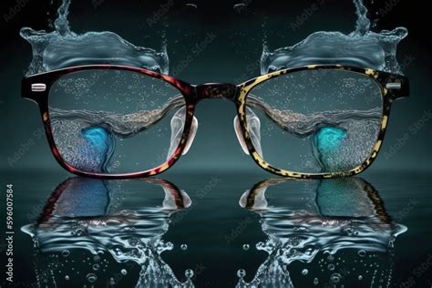 Pair Of Eyeglasses With Lenses Made Of Water Creating A Distortion Effect Concept Of Refraction