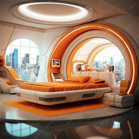 Premium Photo An Orange And White Bedroom With A Round Bed Future