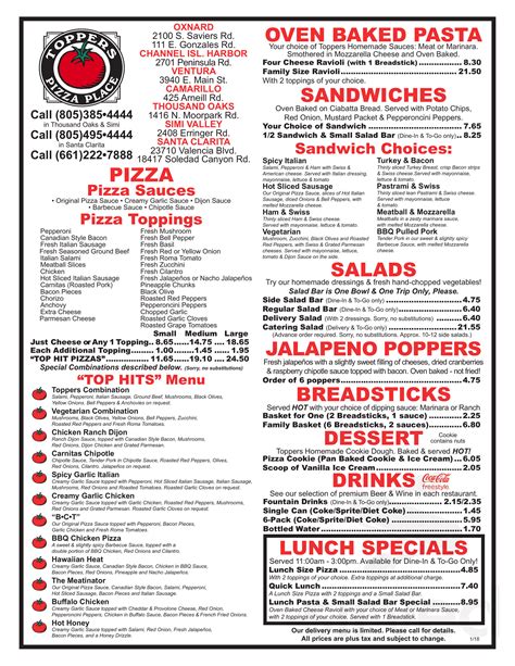 Toppers Pizza Menu In Santa Clarita California Usa