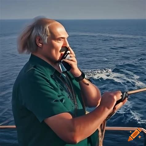 Alexander Lukashenko Is Standing On The Deck Of The Ship His Hair Is Developing And Talking On