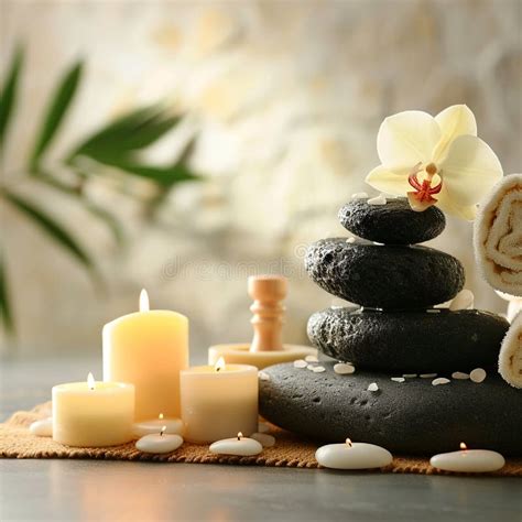 Tranquil Spa Setting With Massage Stones Soaps And Candles Stock