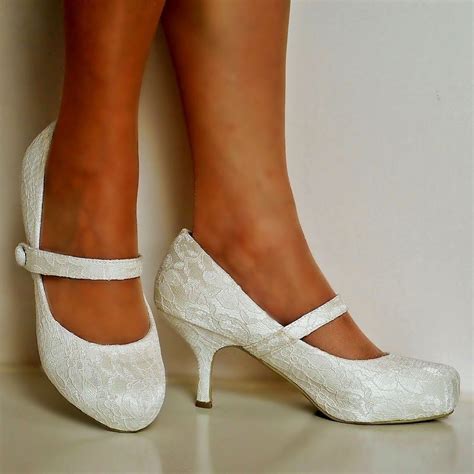New Ladies Wedding Bridal Low Mid Kitten Heel Ivory Floral Lace Court