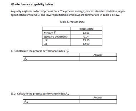 Solved Q3 Performance Capability Indices A Quality Engineer