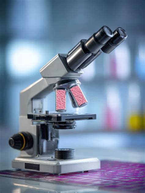 Examination Of Skin Tissue Sample Under Microscope In Laboratory Setting With Blurred Background