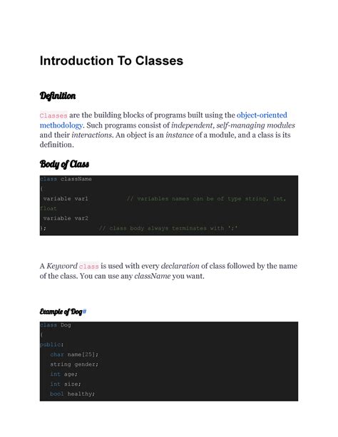 C Ch Class Notes Useful Note Introduction To Classes Definitio