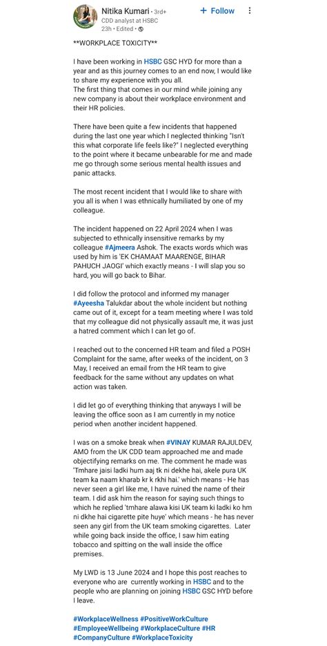 Nitika Calls Out On Workplace Harassment At Hsbc R Linkedinlunatics