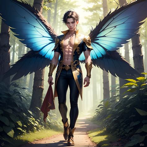 Cute Male Fairy With Blue And Gold Details Large Wings Full Body