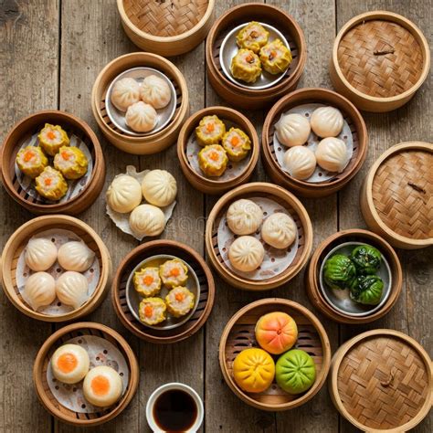 Assorted Dim Sum In Bamboo Steamers On Wooden Table Stock Illustration