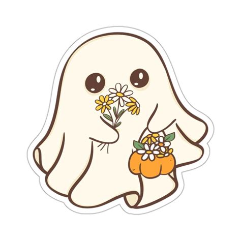 Cute Halloween Ghost With Flowers Kiss Cut Stickers Etsy Cute