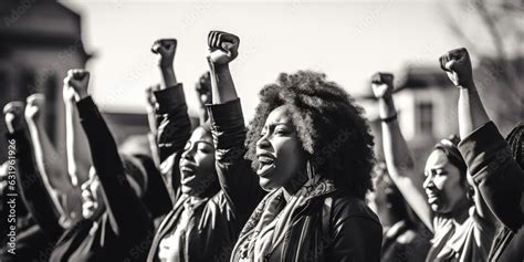Black Women March Together In Protest Arms And Fists Raised In The For