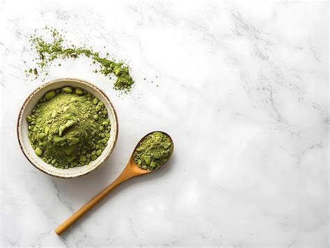 Matcha Green Tea Powder In Bowl On White Marble Background Top View