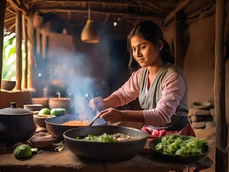 Premium Photo A Girl Is Cooking In A Small Hut