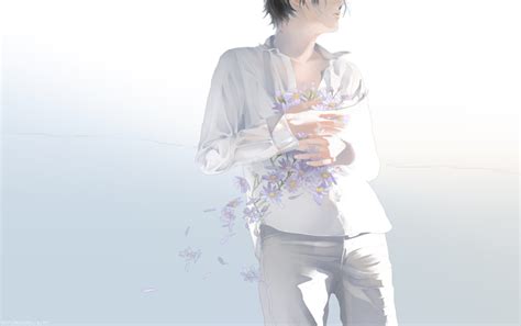 Safebooru 1boy Black Hair Collared Shirt Flower Gradient Gradient