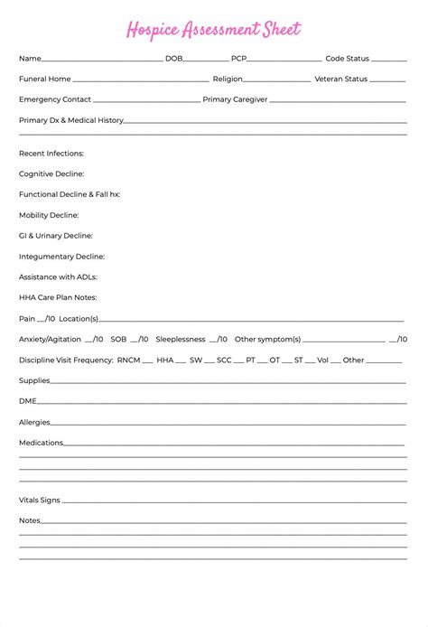 Printable One Page Hospice Assessment Sheet Template For Registered