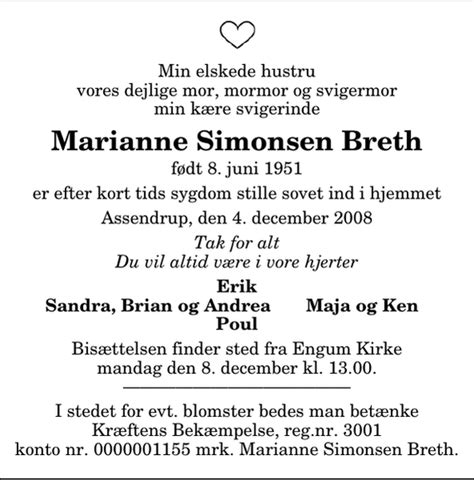Marianne Simonsen Breth Dødsannoncer I Danmark