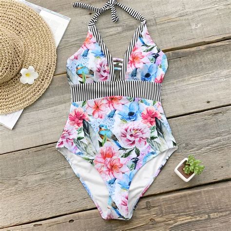 Cupshe Womens Waist Bowknot Stripe Flowers And Birds One Piece