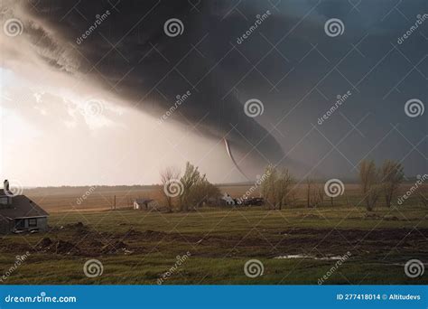 Tornado With Debris Swirling And Flying Around It Touching Ground In