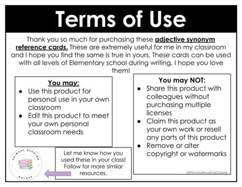 Adjective Synonym Reference Cards By Primary Reading Galore Tpt