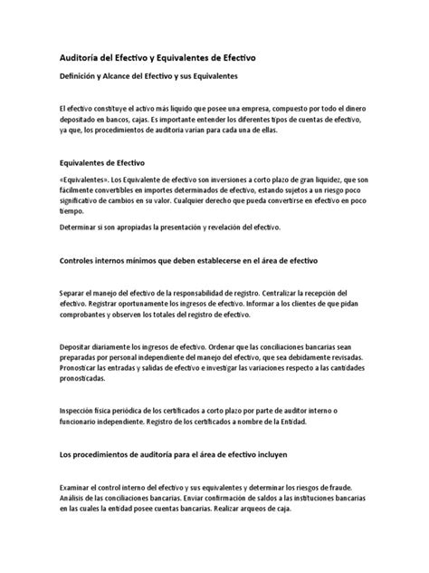 Auditoría Del Efectivo Y Equivalentes De Efectivo Reporte De Lectura Pdf Bancos Auditoría