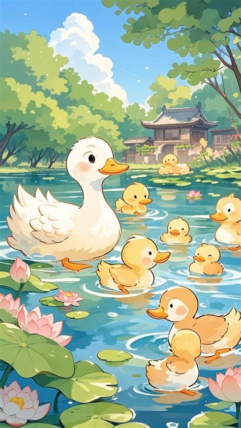 一群卡通鸭子在池塘里游水 花瓣网